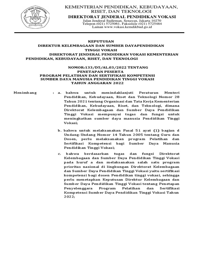 SK Direktur KLSD Program Sertikom 2022 Tahap 1 | PDF