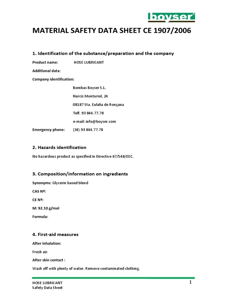 Glycerin-Based Hose Lubricant: Material Safety Data Sheet | PDF ...