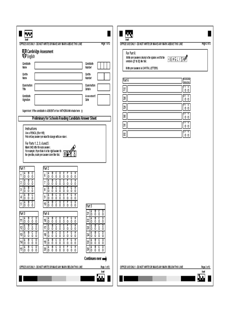 Pet b1 - Answer Sheet Reading | PDF