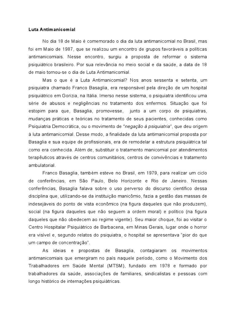 Luta Antimanicomial Pdf Psiquiatria Hospital Psiquiátrico