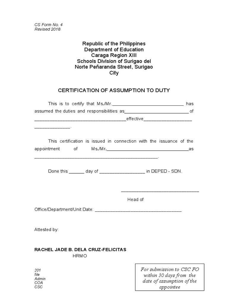 CS Form No. 4 Certification of Assumption To Duty | PDF