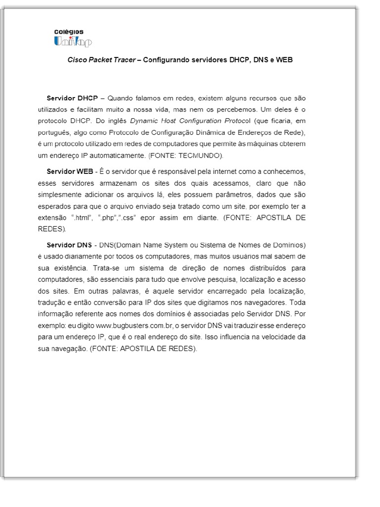 Cisco Packet Tracer Configurando Servidores DHCP, DNS e WEB - PDF Download Grátis | PDF