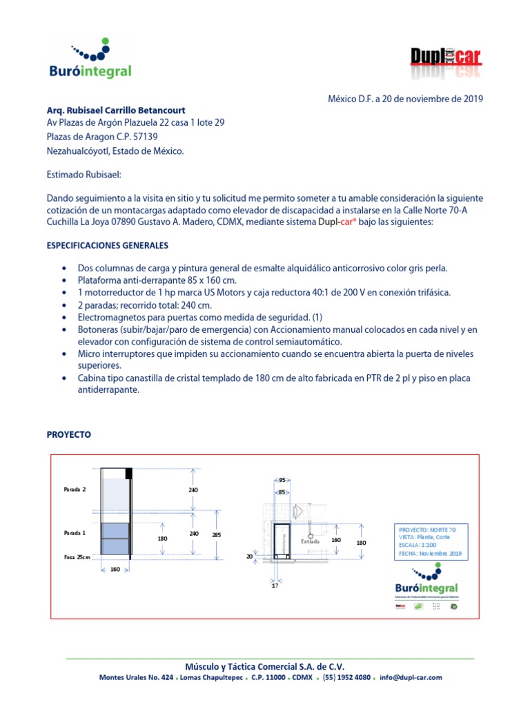 Cotización Dupl-Car - Norte 70 191120 | PDF | Máquina elevadora | Bienes manufacturados