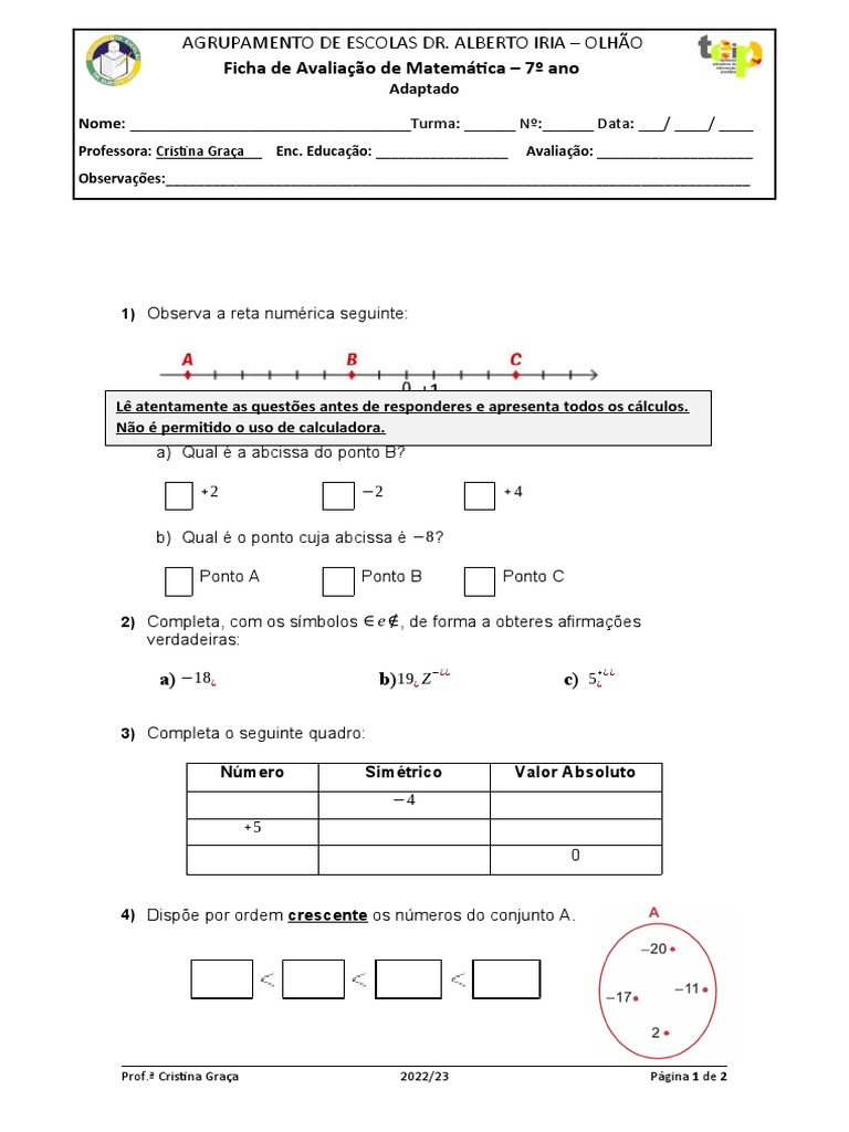 1ºteste - 7ºA - Adaptado | PDF | Álgebra abstrata | Conceitos matemáticos