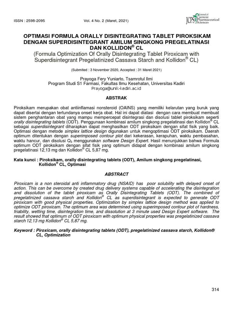 Formula Optimization of Orally Disintegrating Tablet Piroxicam With ...