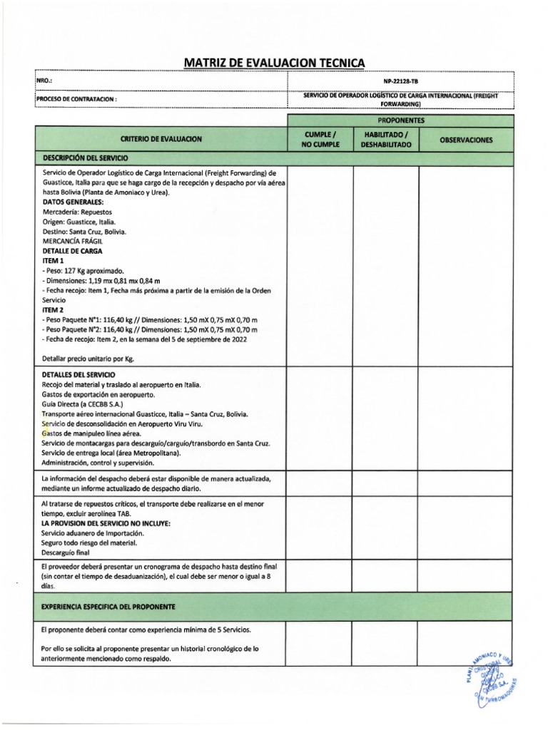 Matriz de Evaluacion Tecnica NP-22128-TB | PDF Matriz de Evaluacion Tecnica NP-22128-TB | PDF