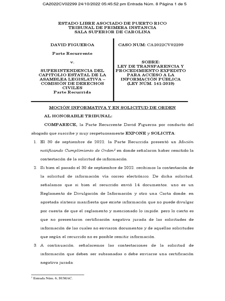 2022 - 10 - 24 Mocion Informativa y en Solicitud de Orden (VLG) | PDF ...