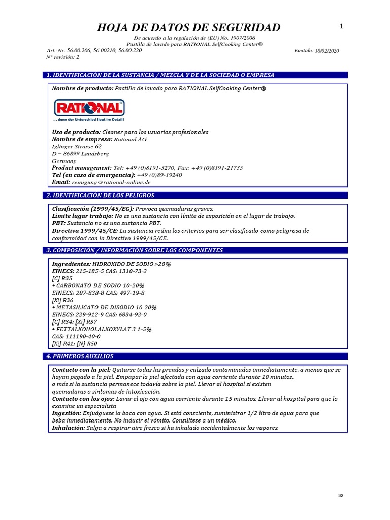 Msds Pastilla de Lavado para Rational | PDF | Quemar | Agua