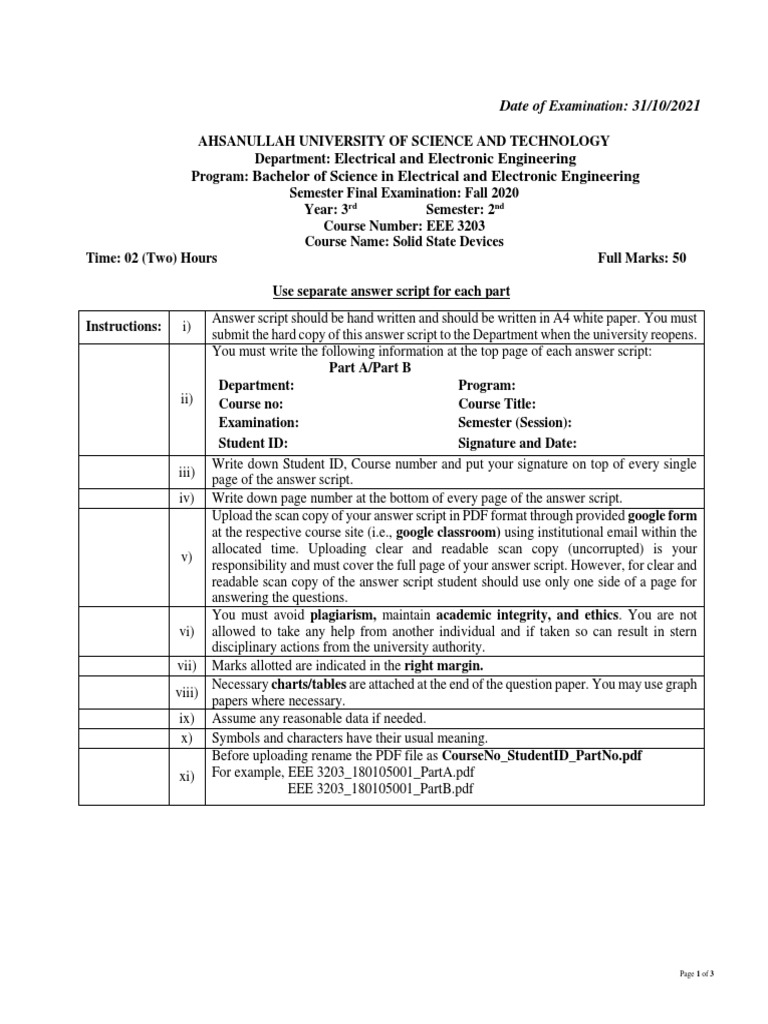 EEE 3203 Solid State Devices Exam Guide | PDF | P–N Junction | Mosfet