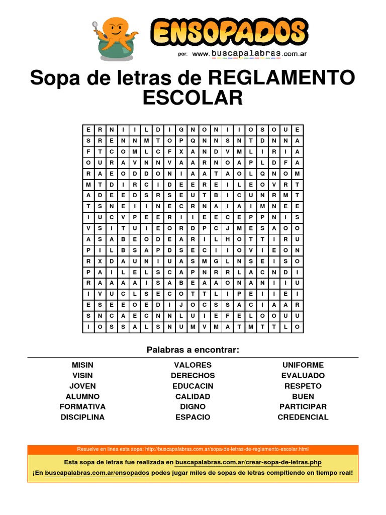 Sopa de Letras de Reglamento Escolar22 | PDF