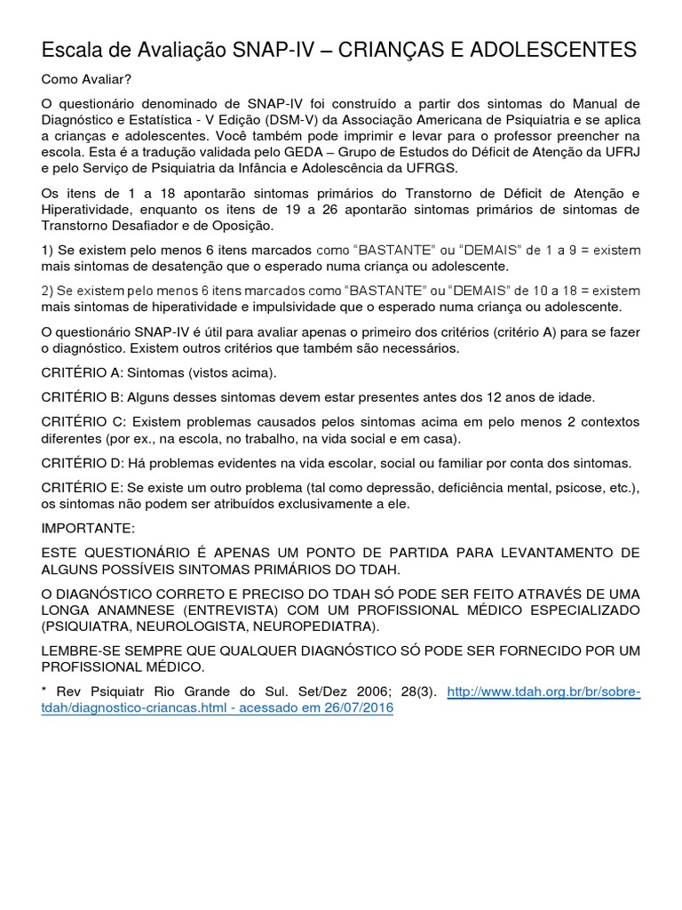 Guia para avaliação dos sintomas do Transtorno de Déficit de Atenção e ...
