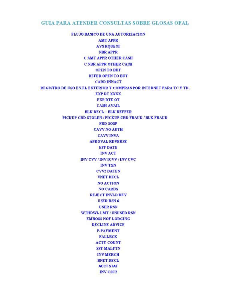 Guía de Glosas en Autorizaciones OFAL | PDF | Visa Inc. | Comercio electrónico