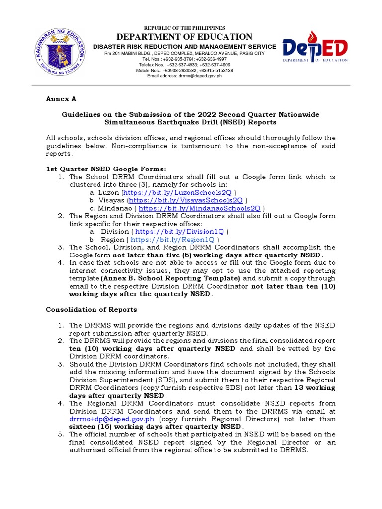 DepEd Guidelines Quarterly Earthquake Drill Reports | PDF | Emergency ...