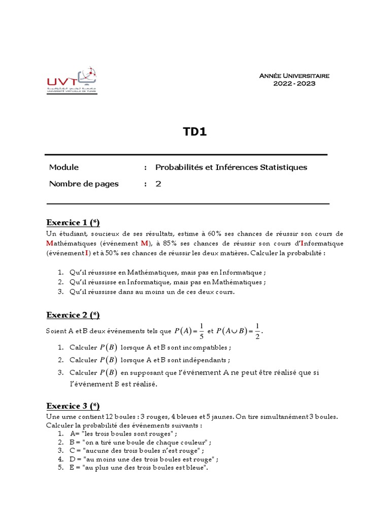 TD1 22 23 Uvt | PDF | Probabilité | Mathématiques