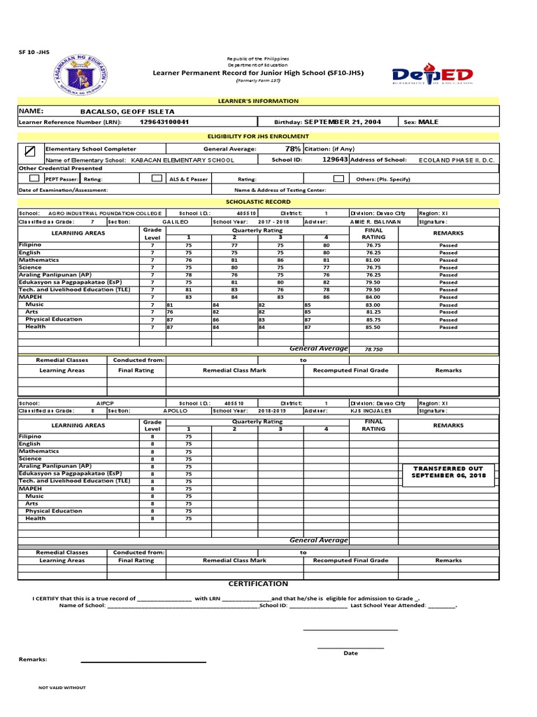 Learner Permanent Record for Junior High School of Geoff Isleta Bacalso ...