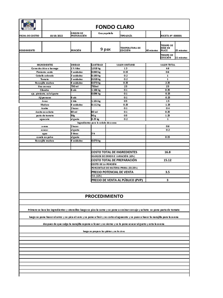 Formato de Receta Estandar | Descargar gratis PDF | Alimentos | Cocina