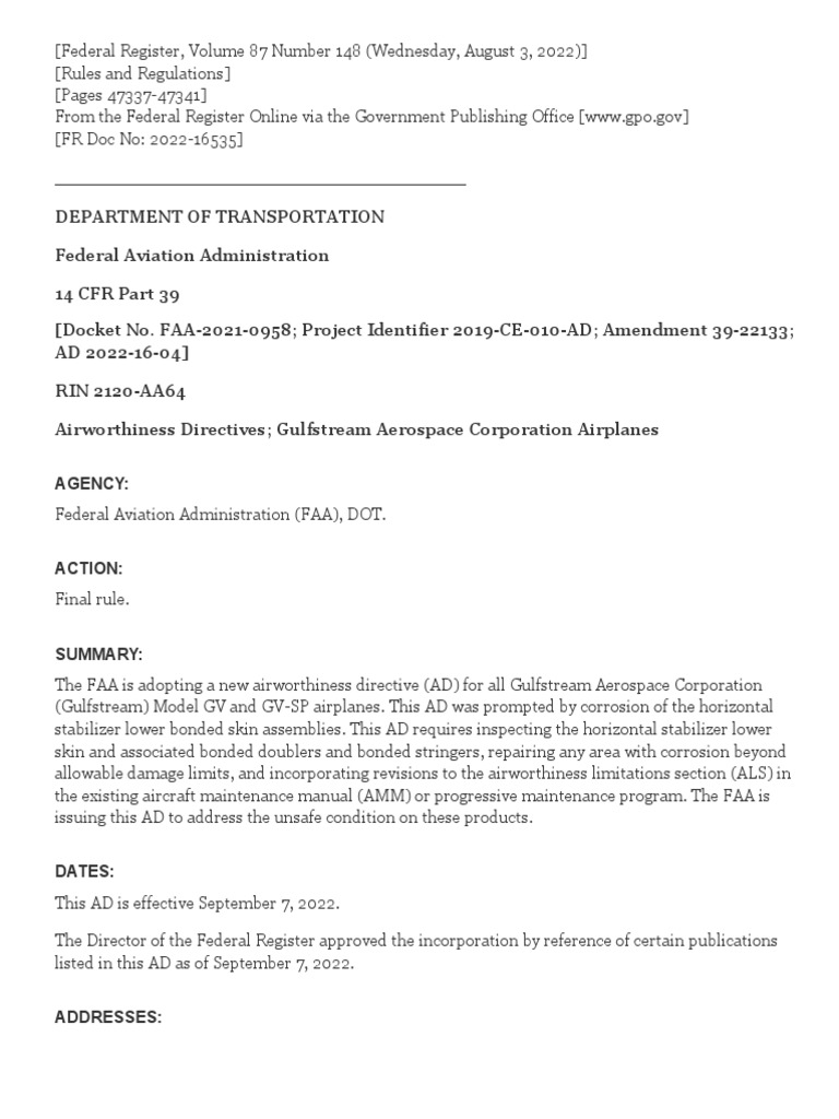 Faa Ad 2022-16-04 | Download Free PDF | Federal Aviation Administration ...