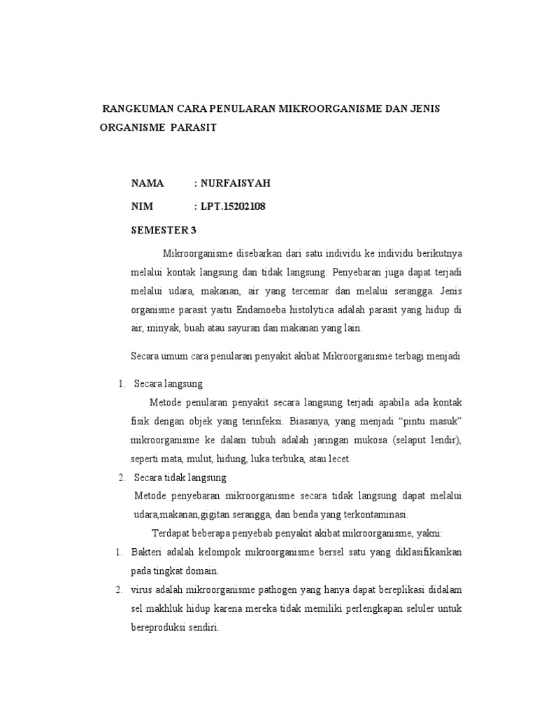Rangkuman Cara Penularan Mikroorganisme Dan Jenis Organisme Parasit | PDF Rangkuman Cara Penularan Mikroorganisme Dan Jenis Organisme Parasit | PDF