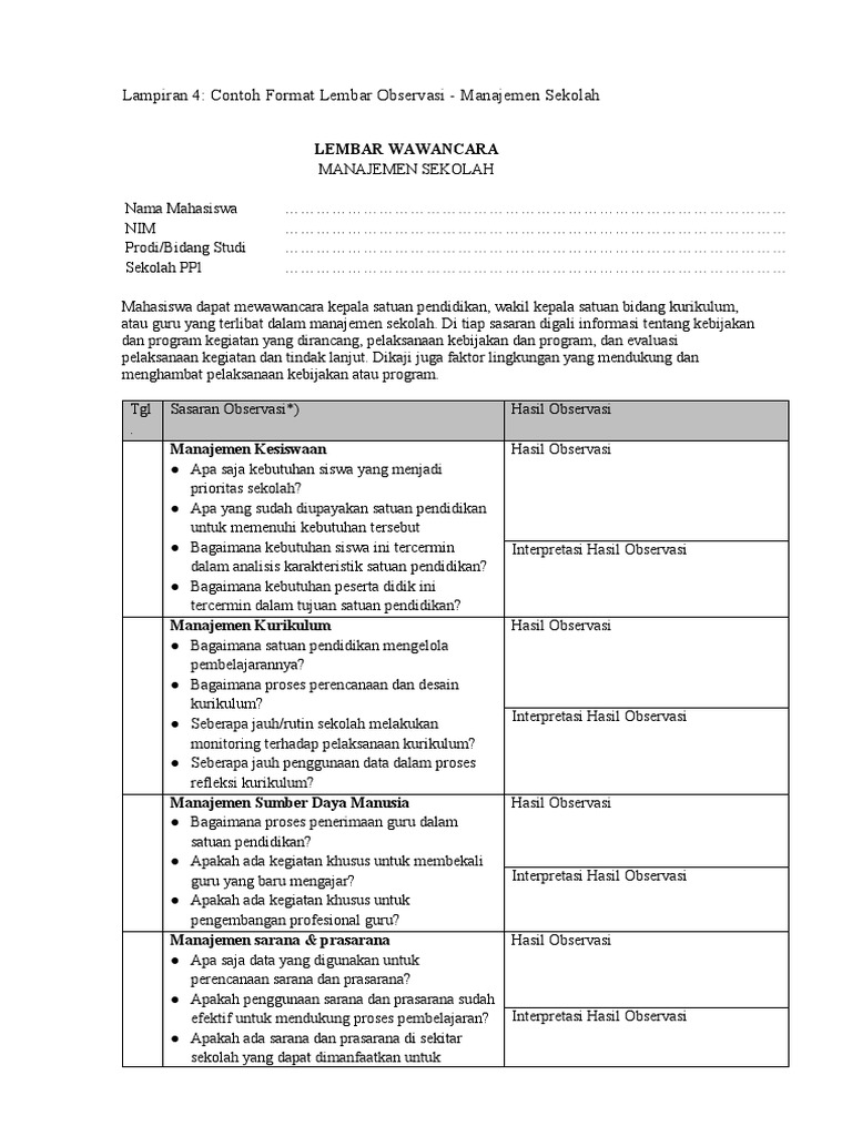 Lampiran 4 - Contoh Format Lembar Observasi Manajemen Sekolah | PDF ...