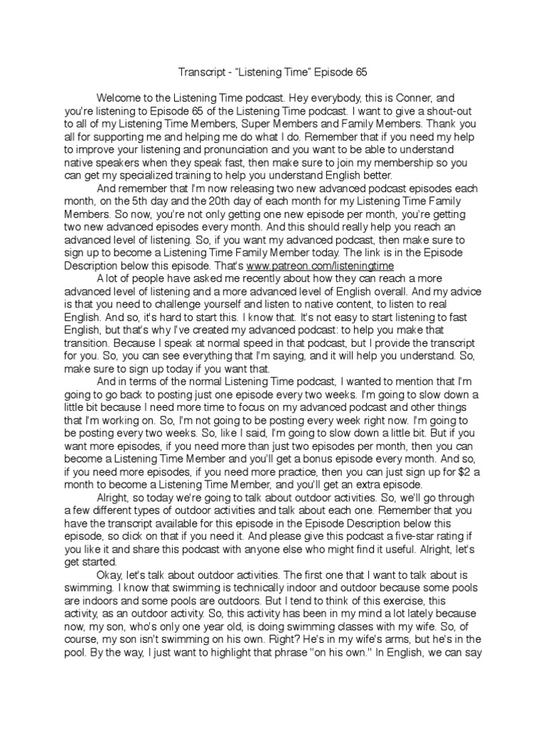 Episode 65 Transcript - Listening Time | PDF | Swimming | Walking