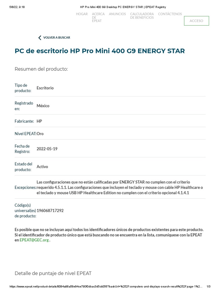 HP Pro Mini 400 G9 Desktop PC ENERGY STAR - EPEAT Registry | PDF | Diseño | Datos de computadora