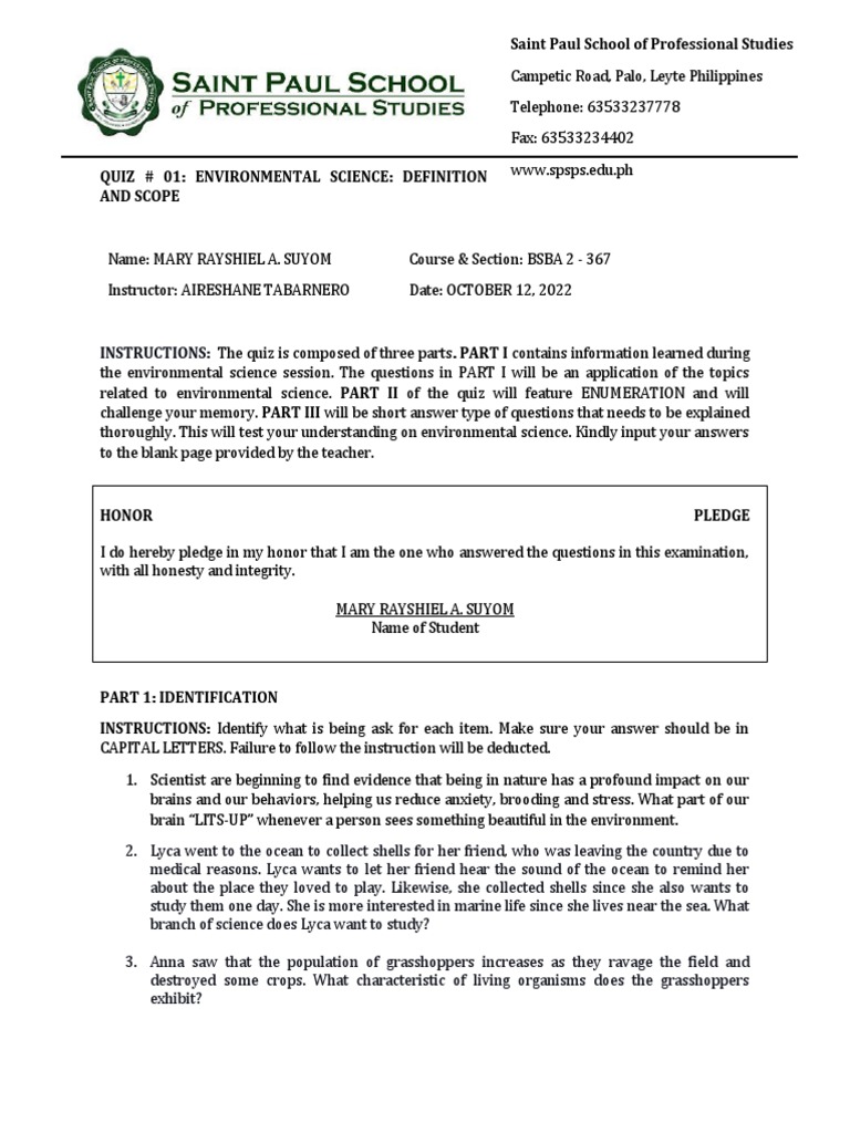 Quiz-01 Environmental Science Definition and Scope | PDF | Atmosphere ...