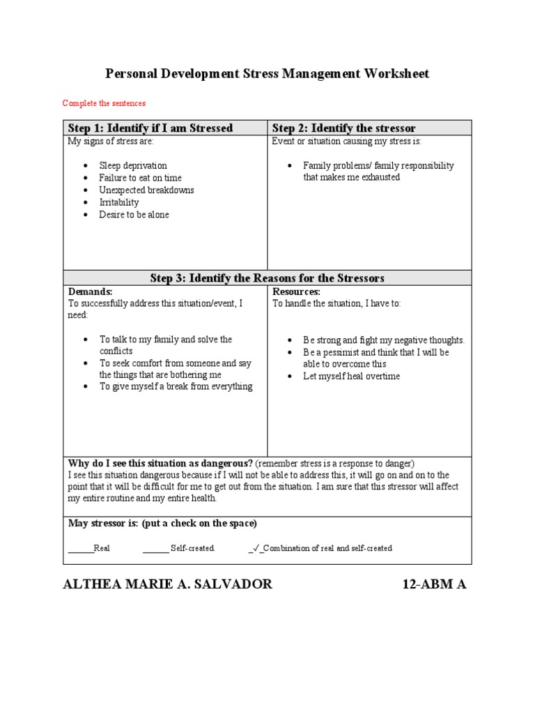 Personal Development Stress Management Worksheet | PDF