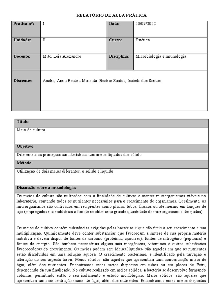 RELATÓRIO | PDF | Meio de cultura | Ágar