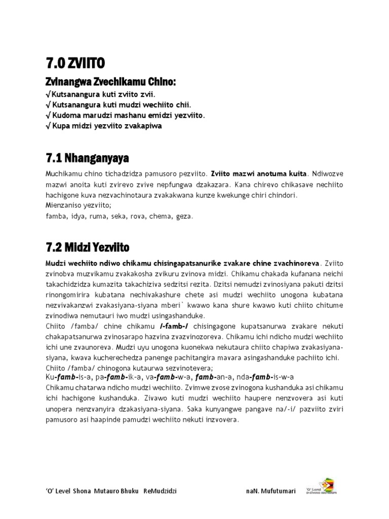 Zviito (Kubva Mu 'O' Level Shona Mutauro Bhuku Remudzidzi) | PDF ...