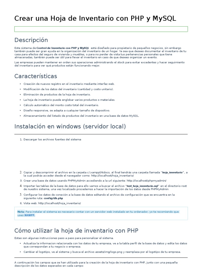 Crear Una Hoja de Inventario Con PHP y MySQL | PDF | Mi sql | Bases de datos