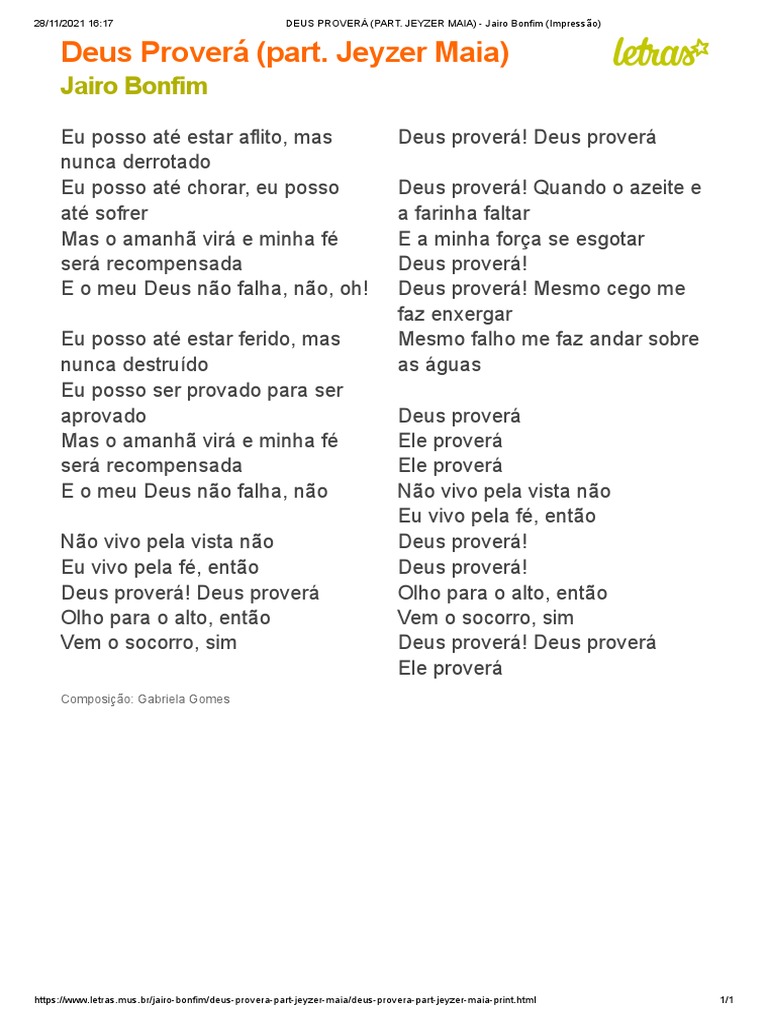 DEUS PROVERÁ (PART. JEYZER MAIA) - Jairo Bonfim (Impressão) | PDF