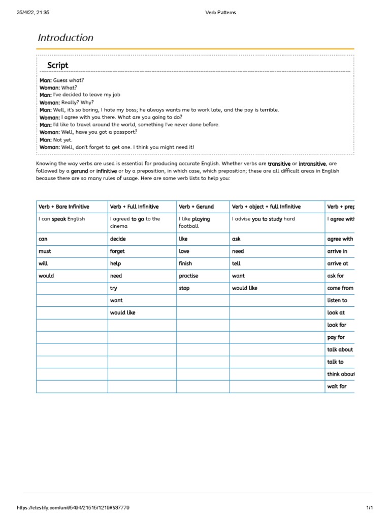 Verb Patterns | PDF | Verb | English Language