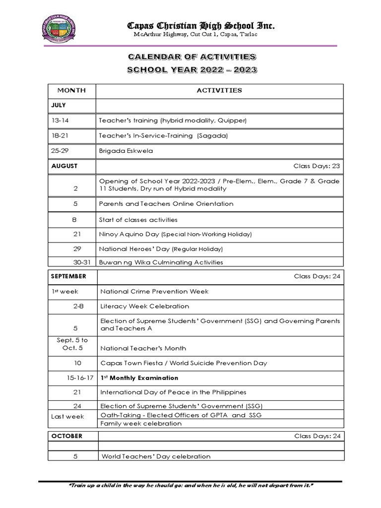 School Calendar Sy2022 2023 | PDF | Public Holiday | Holidays