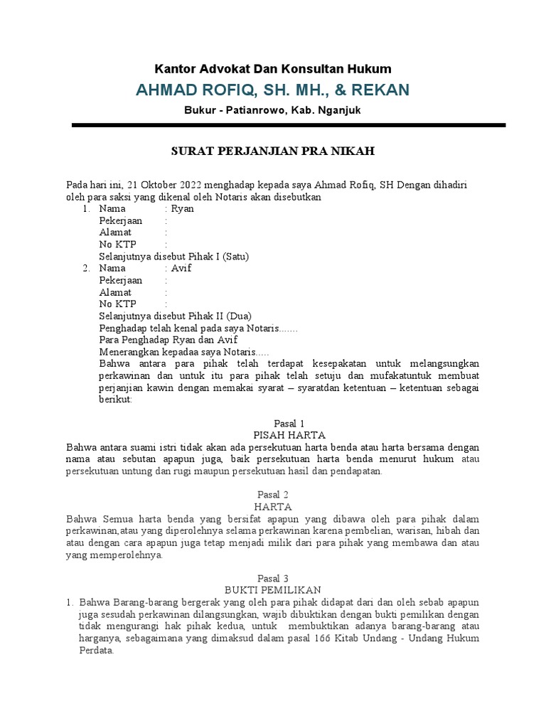 Contoh Surat Perjanjian Pra Nikah | PDF