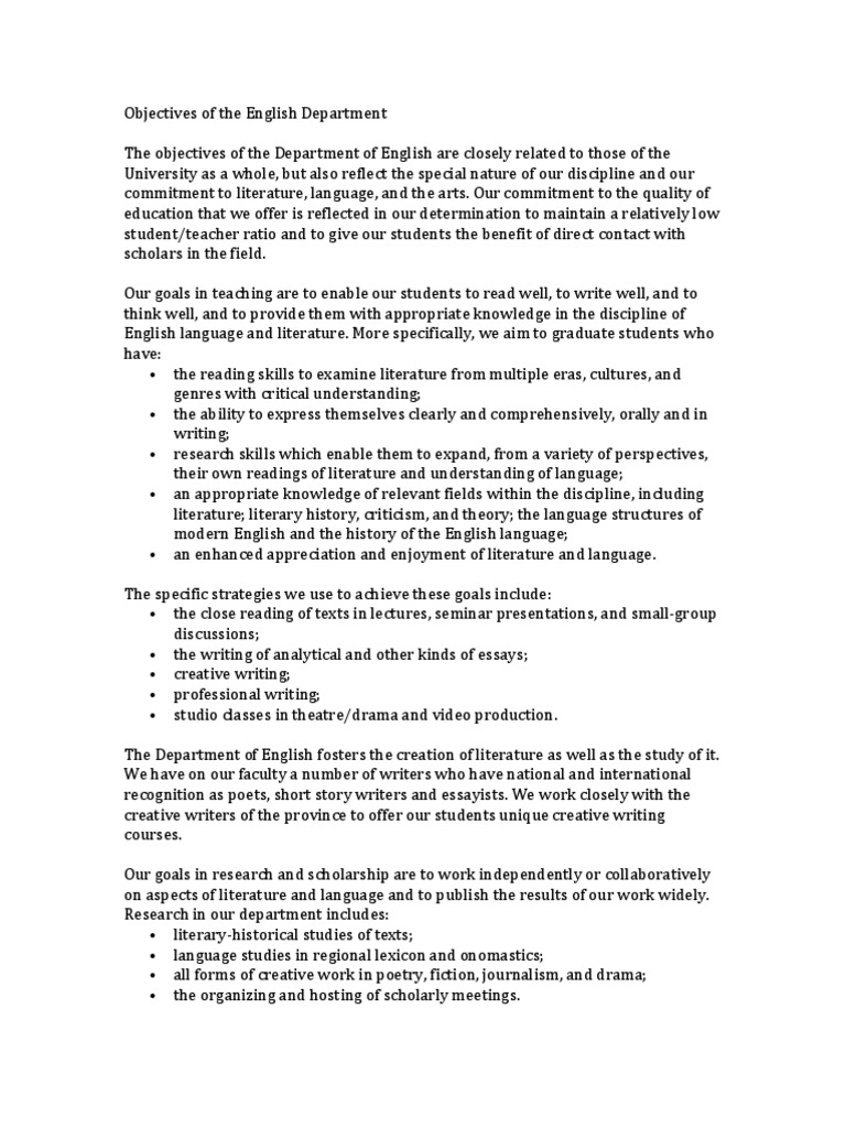 Departmental - Objectives of English | PDF | Teaching Method | Behavior Modification