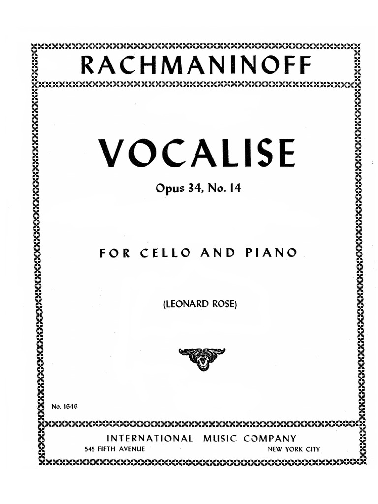 VOCALISE OPUS 34, No. 14 FOR CELLO AND PIANO | PDF