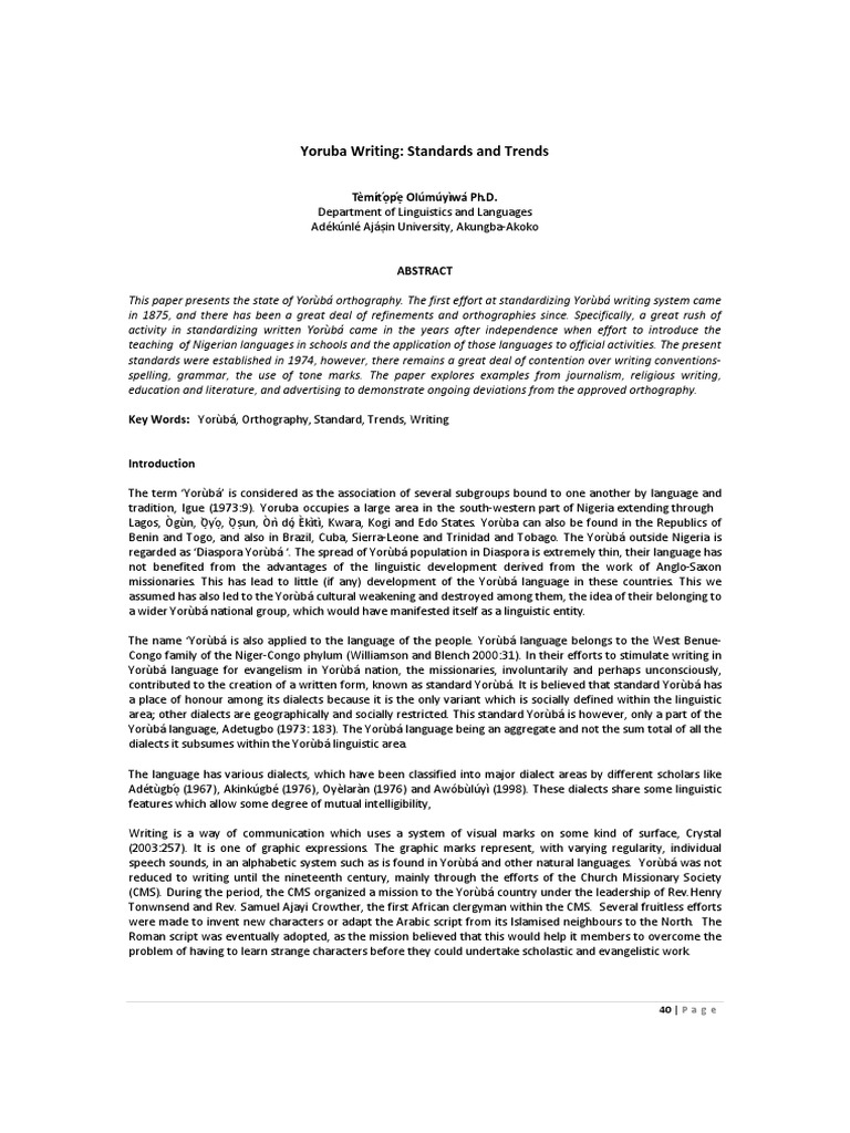 Yoruba Writing: Standards and Trends: Tèmítọ́pẹ́ Olúmúyìwá Ph.D ...