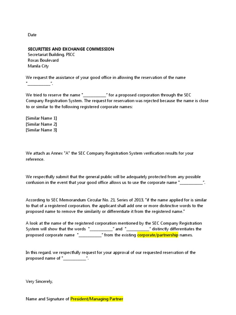 Letter of Appeal For The Reservation of The Proposed SEC Company Name ...
