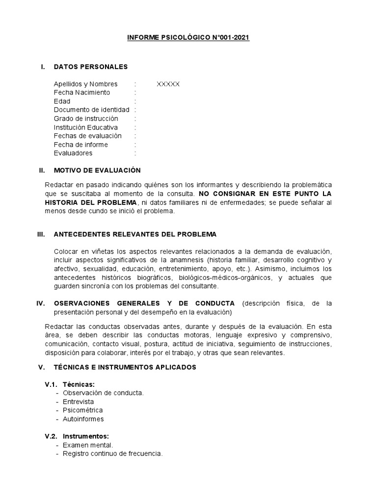 Modelo de Informe Psicológico Oficial | PDF | Sicología | Evaluación