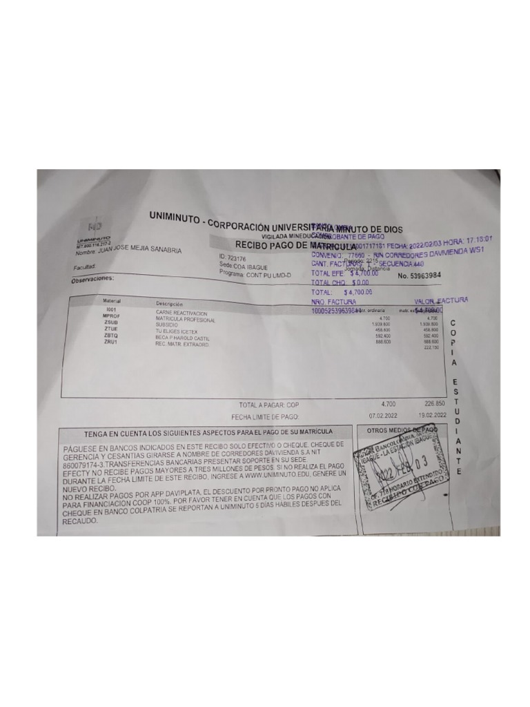 Recibo Matricula | PDF