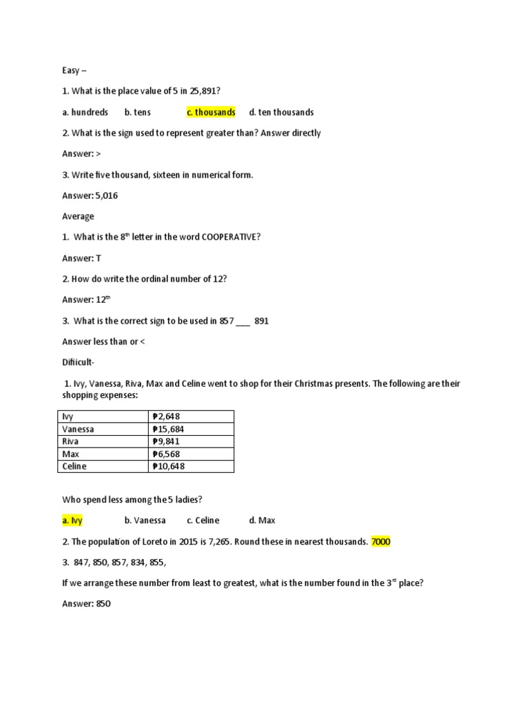 Math Questions on Place Value and Rounding | PDF | Language Arts ...