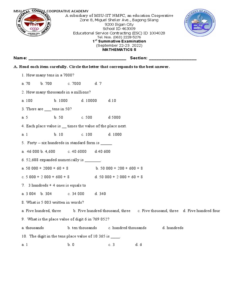 EXAM - Math 5 | PDF | Mathematics