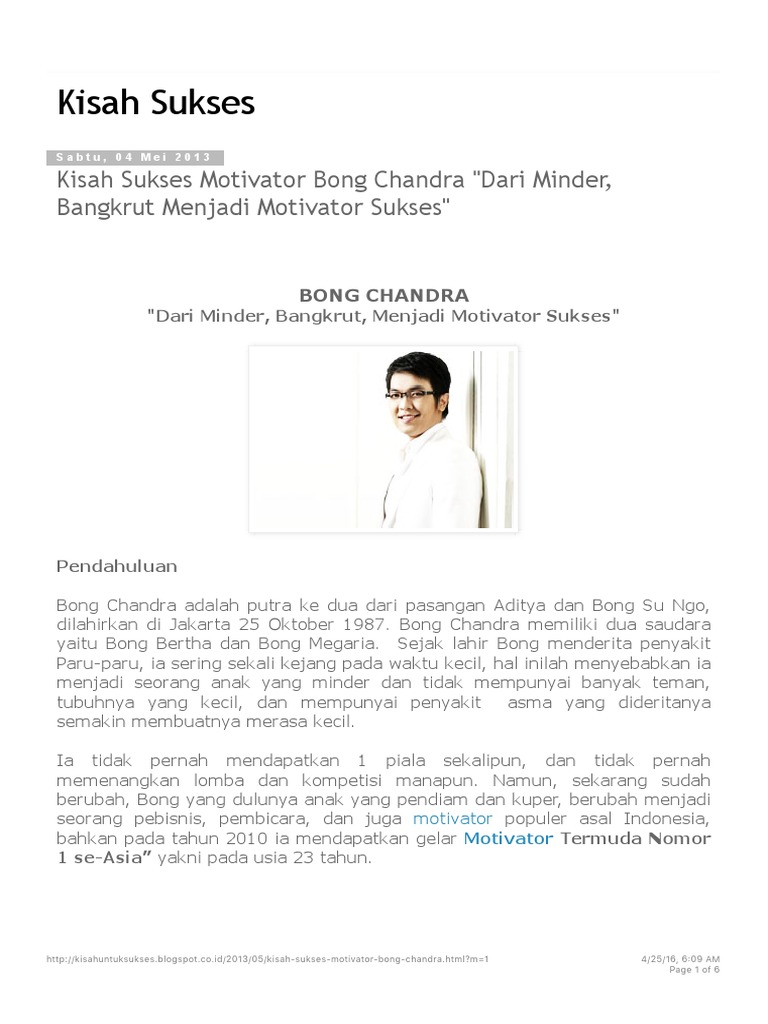 Kisah Sukses - Kisah Sukses Motivator Bong Chandra - Dari Minder ...