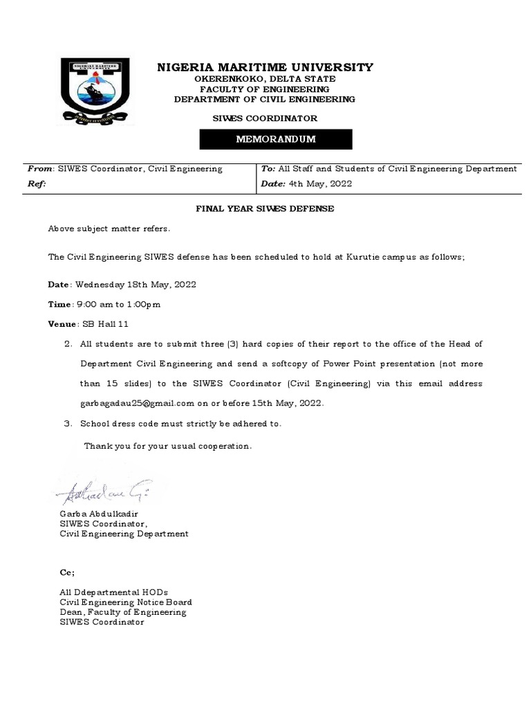 Siwes Defense Letter | PDF