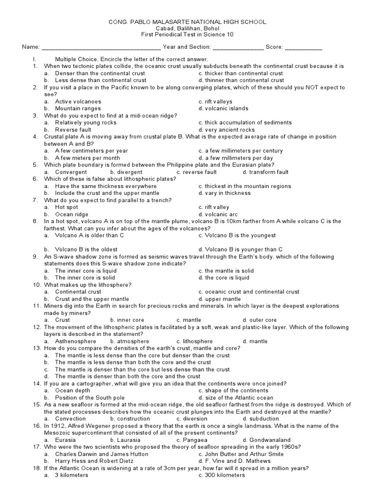 1st Quarter Exam Science 10 | PDF | Plate Tectonics | Planets Of The ...