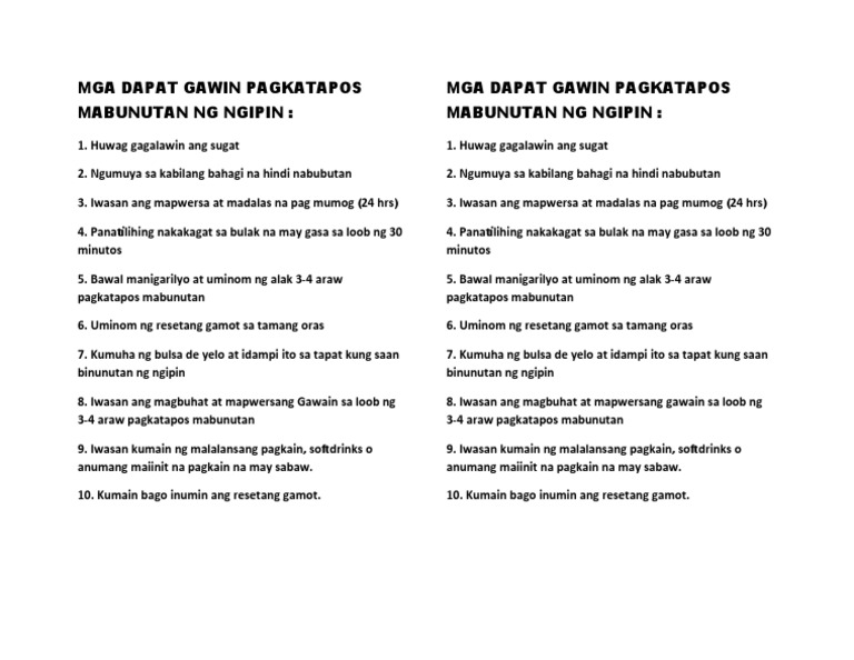Mga Dapat Gawin Pagkatapos Mabunutan NG Ngipin | PDF