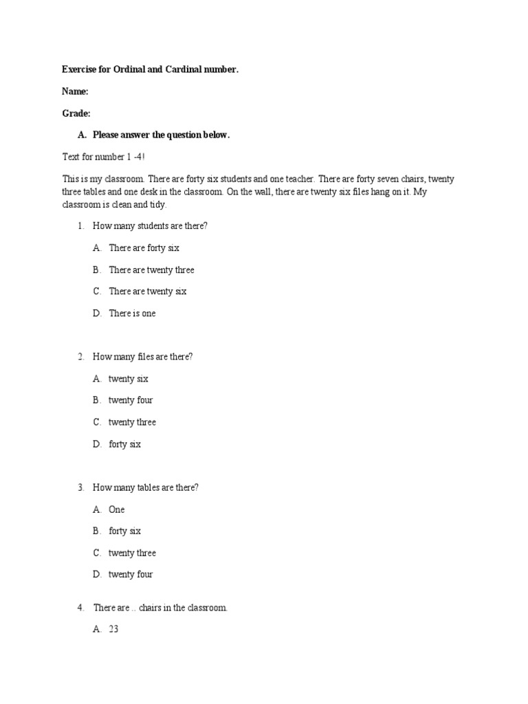 Latihan Soal Ordinal and Cardinal 1 | PDF | Classroom | Interior Design