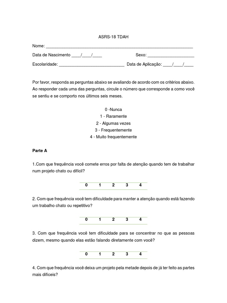 ASRS-18 TDAH: Questionário de Avaliação do TDAH | PDF
