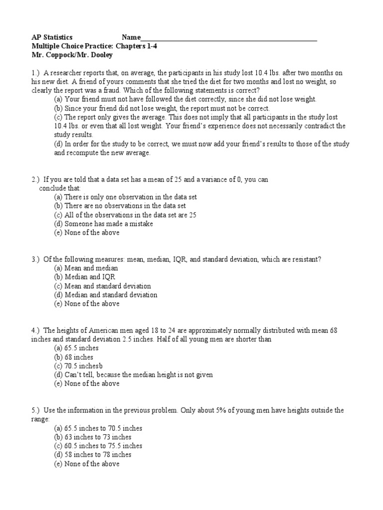 Chapters 1-4 Multiple Choice Practice | PDF | Linear Regression | Skewness