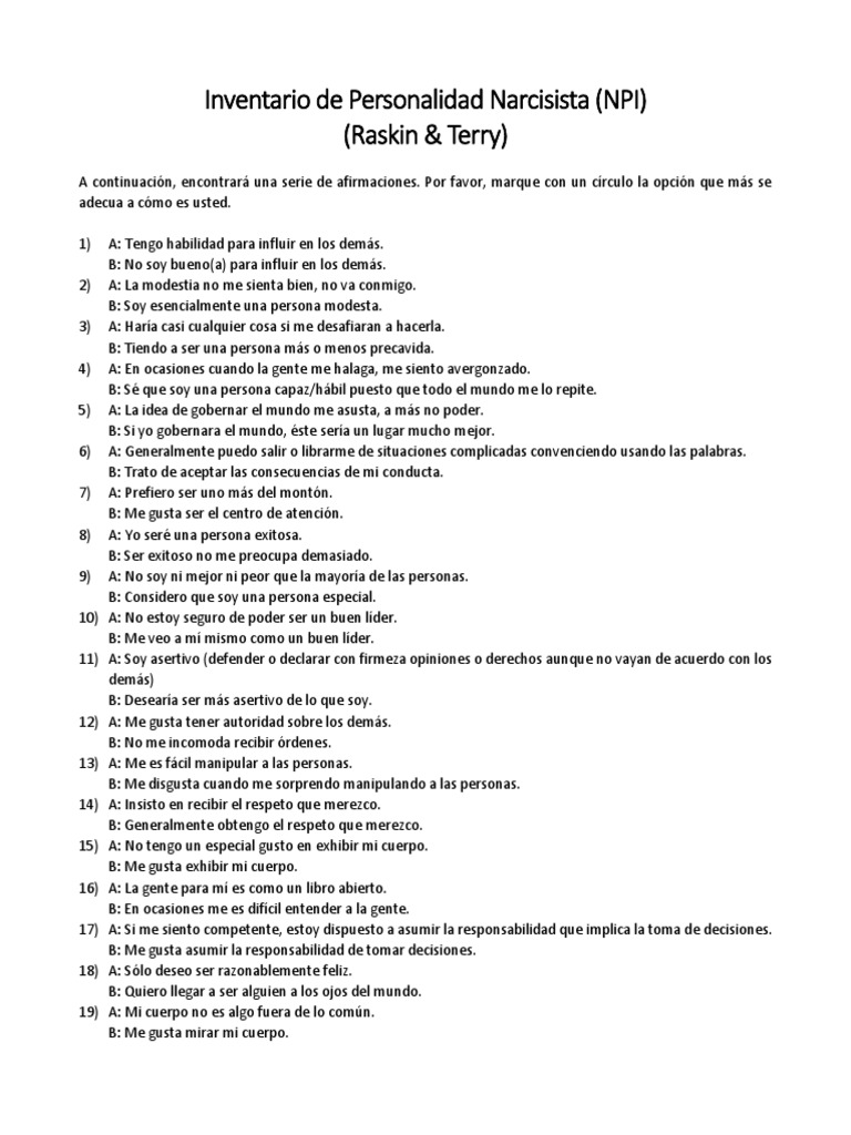 Inventario de Personalidad Narcisista. | PDF | Narcisismo